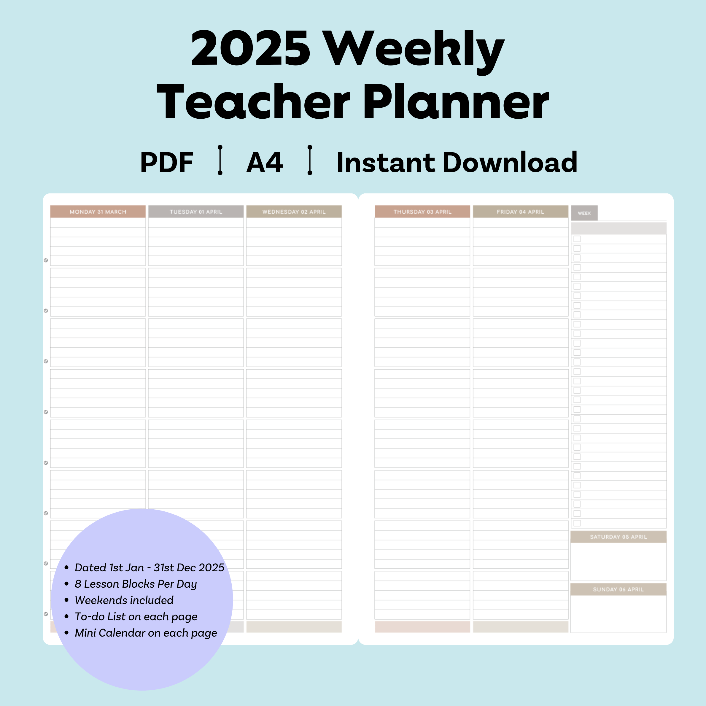 2025 Printable Neutral Weekly Teacher Planner